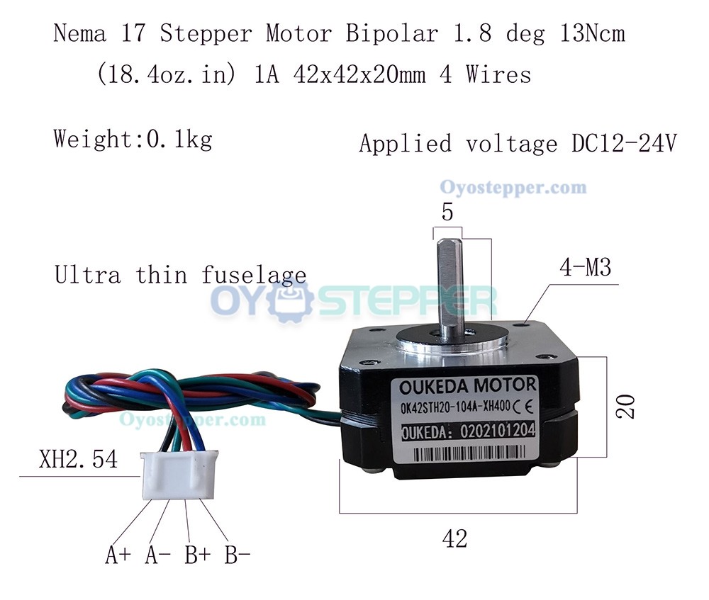 OUKEDA NEMA 17 Thin Stepper Motor 13Ncm 3.5V 1.0A 2 Phase 42 x 42 mm 4 ...